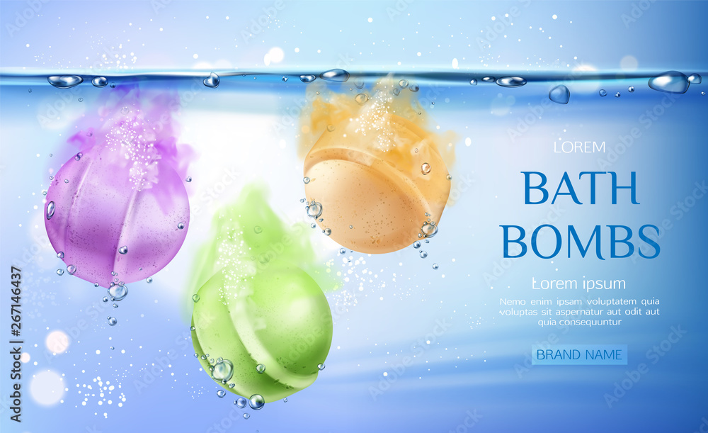 Bath bombs in water, spa cosmetics beauty product for body care ...