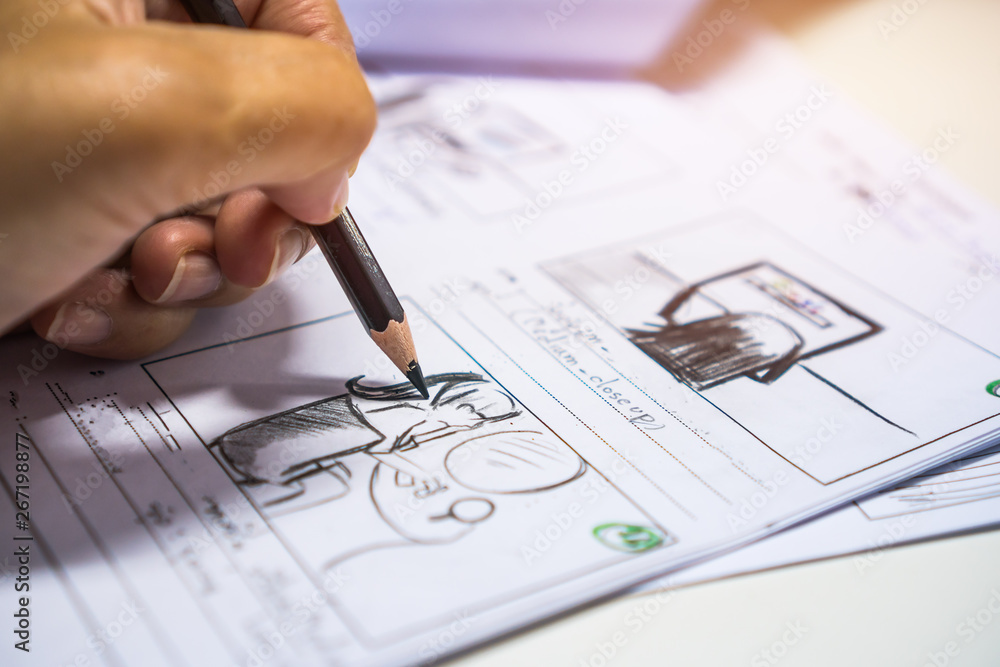 Pencil on Storyboard movie layout for pre-production, storytelling ...