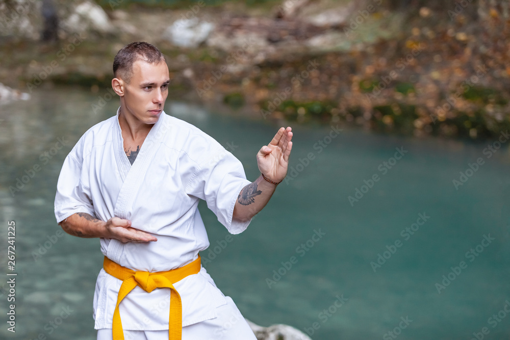 Strong athletic young male master of martial arts in white karate suit ...