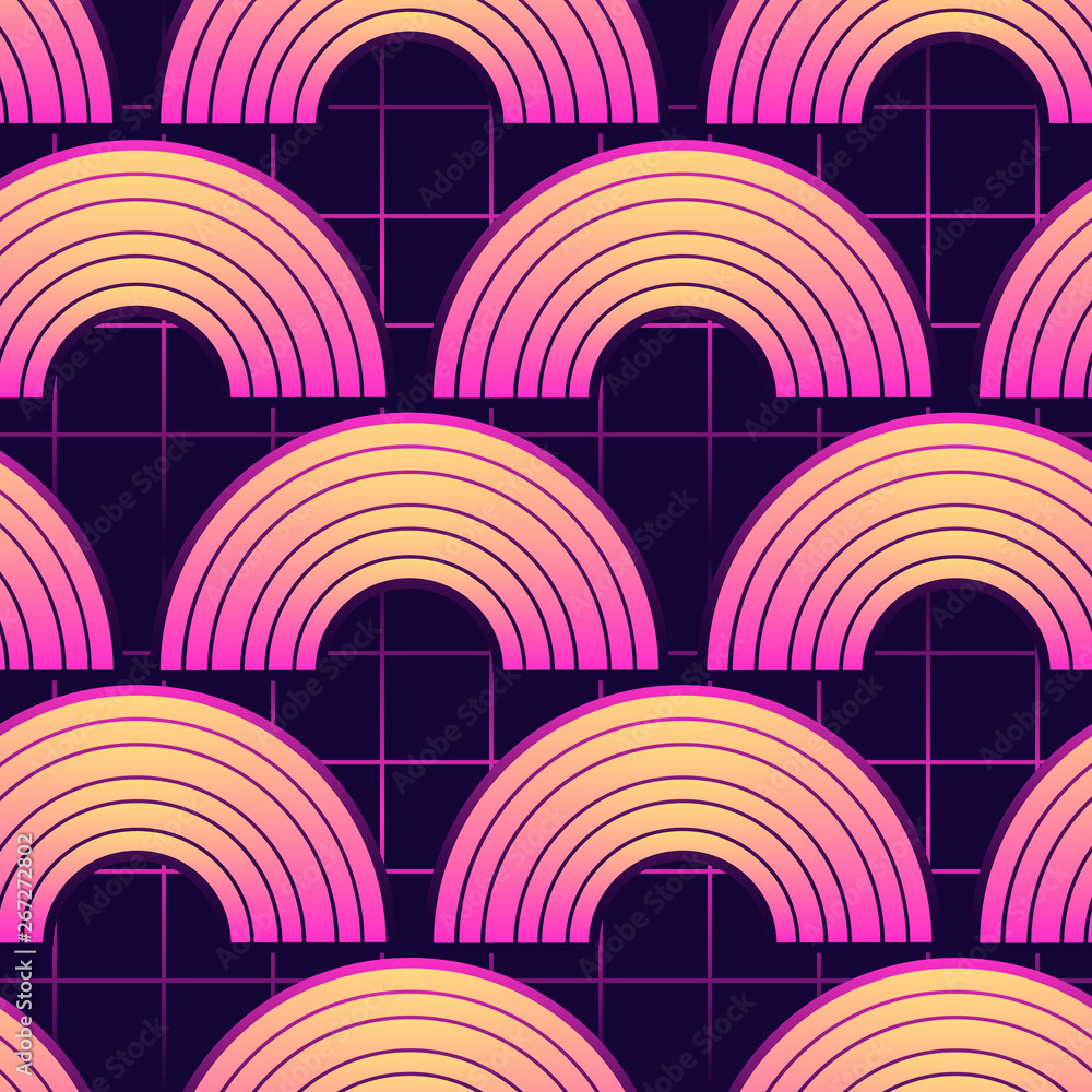 Retrowave style seamless pattern with rainbow symbols. Futuristic digital vector wallpaper ...