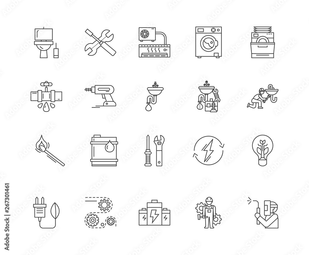 Electrical gas & sanitary services line icons, linear signs, vector set ...