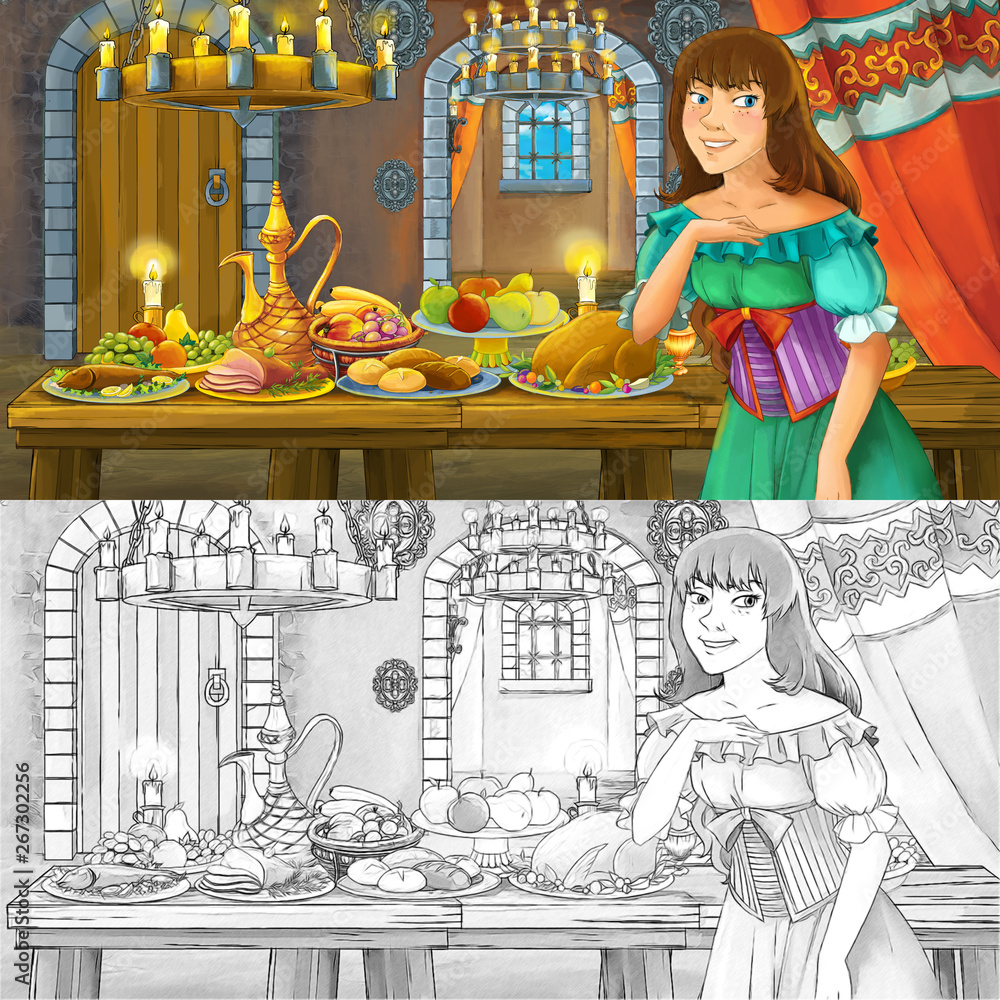 Cartoon fairy tale scene with princess by the table full of food with ...