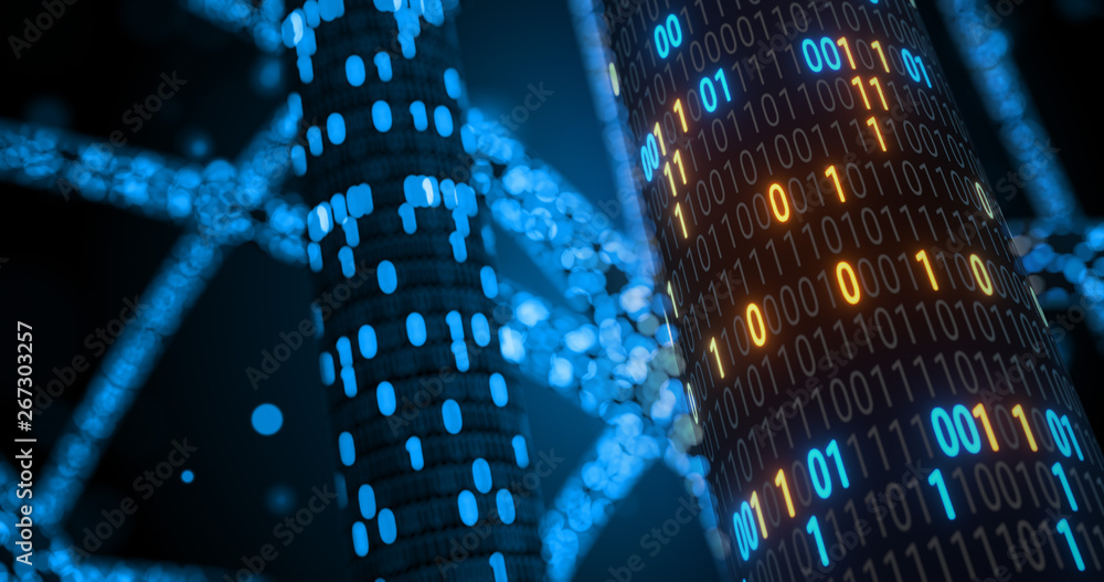 Illustration Stock Abstract blue and orange digital binary code matrix background with flare ...