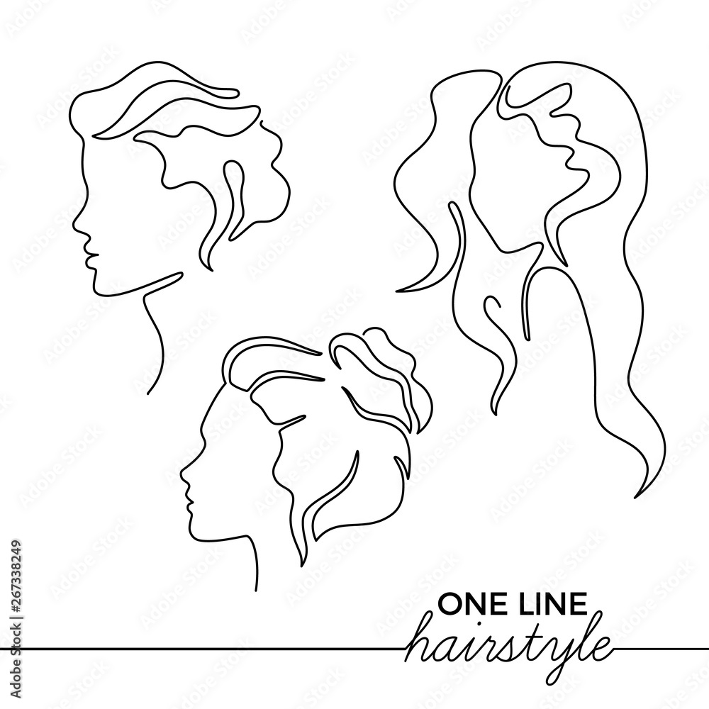 Continuous Line Illustration with Female Profiles and Hairstyles ...