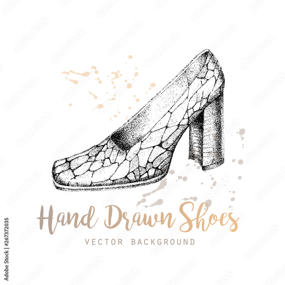Elegant hand drawn woman's shoe. Design template for label, banner ...