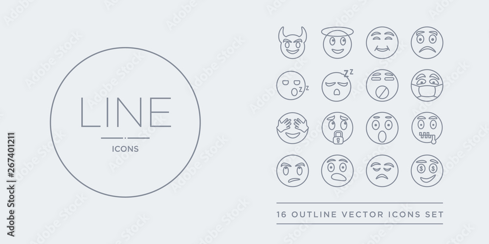 16 line vector icons set such as rich emoji, sad emoji, sca emoji ...