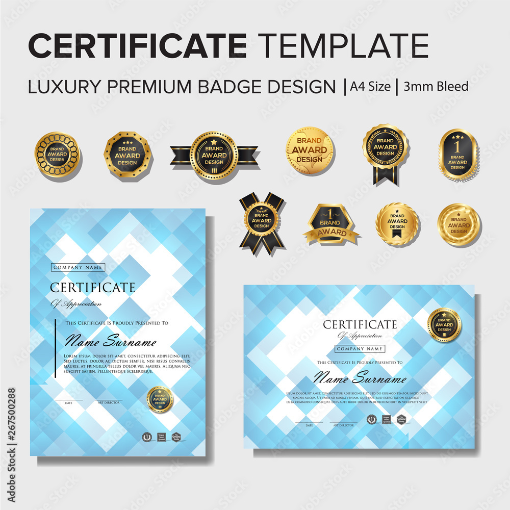 Blue certificate design with badge Stock Vector | Adobe Stock