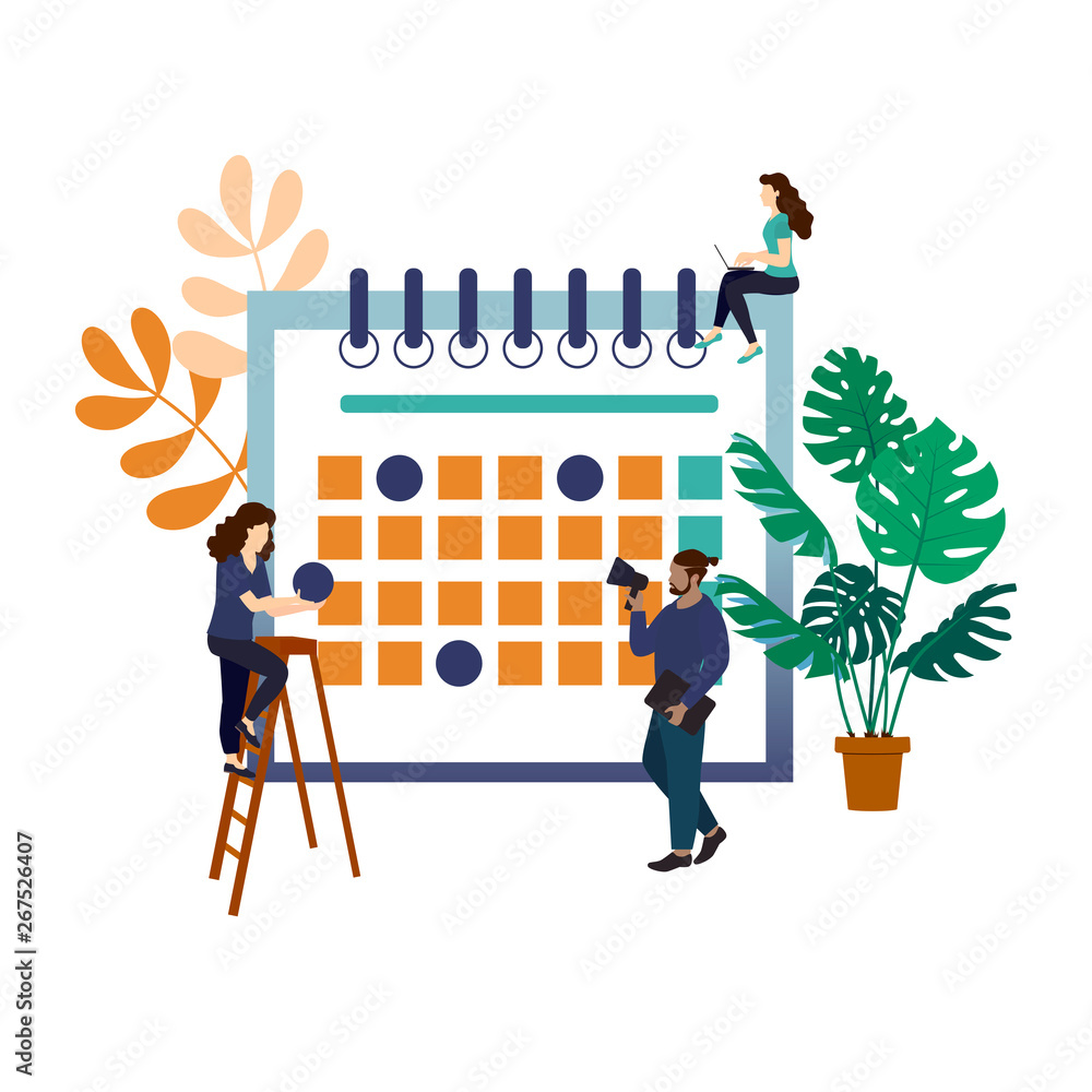 Content plan with small people characters. Organising the working ...