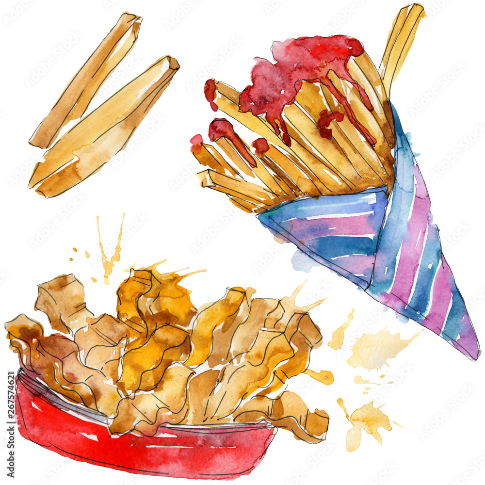 Fast food french fries in a watercolor style set. Aquarelle food ...