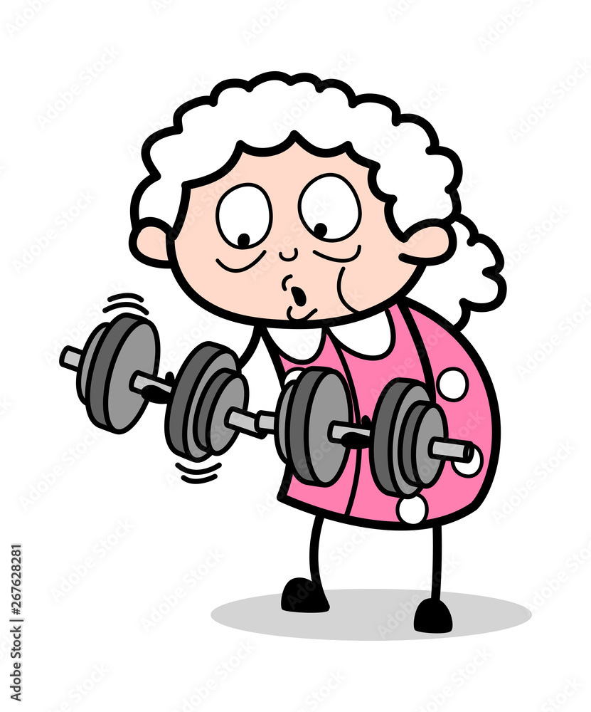 Cartoon Old Lady Weightlifter