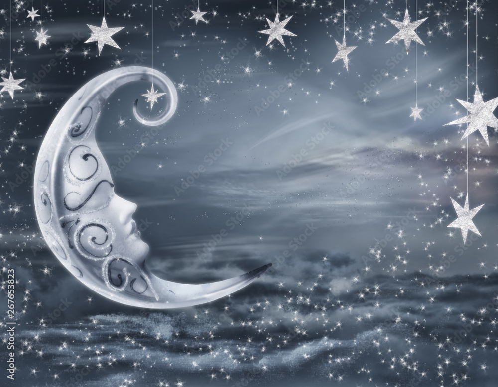 empty surreal fairy tale art background, night sky with moon face and ...