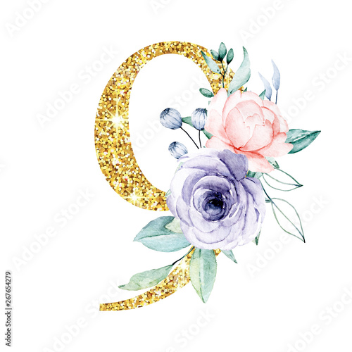Number 9 with watercolor flowers and leaf. Gold glitter numbers ...