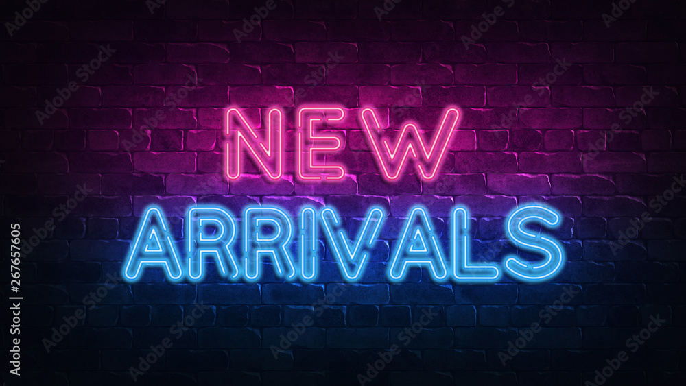 new arrivals neon sign. purple and blue glow. neon text. Brick wall lit ...