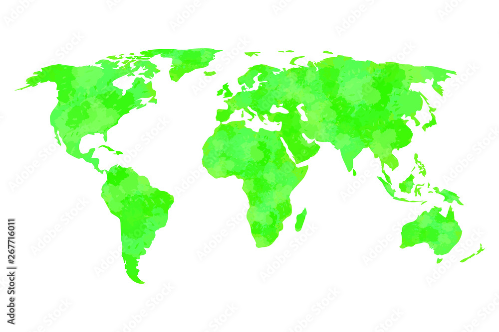 Watercolor world map vector in green color illustration with different ...