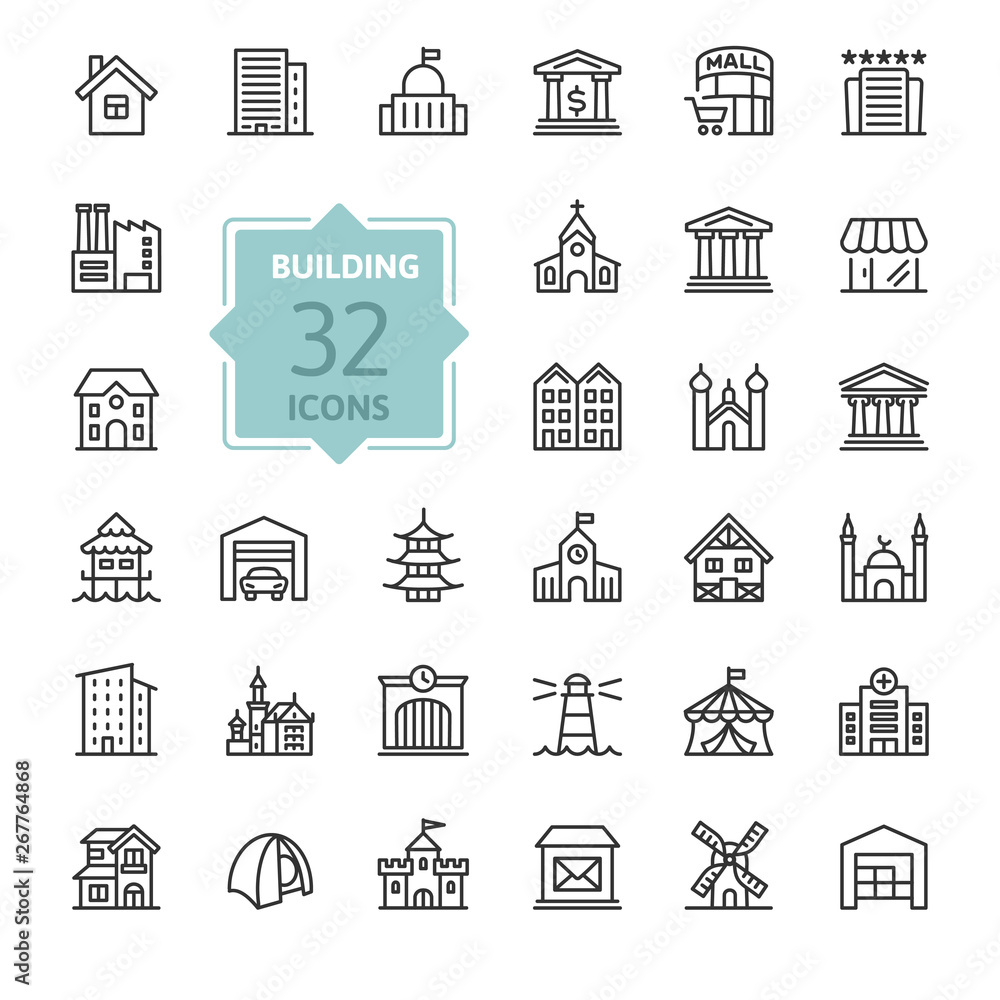 Building minimal thin line web icon set. Outline icons collection ...