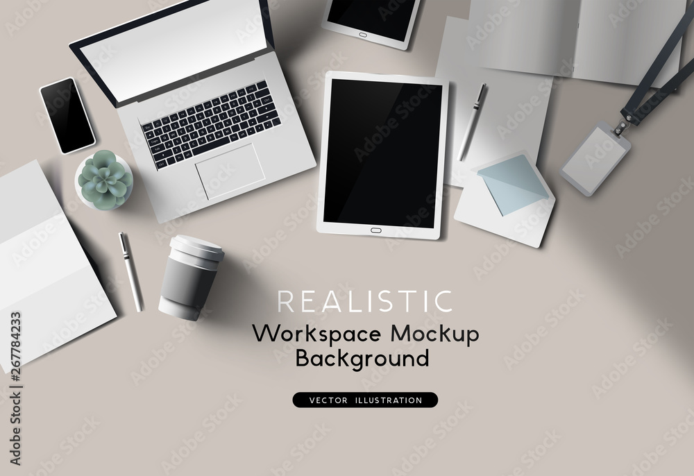 A workplace top view desk mockup. Realistic Vector office accessories ...
