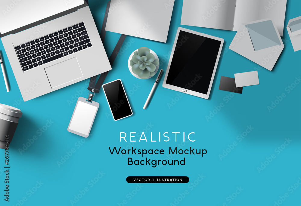 Realistic Vector office desk top view with a notebook and accessories ...