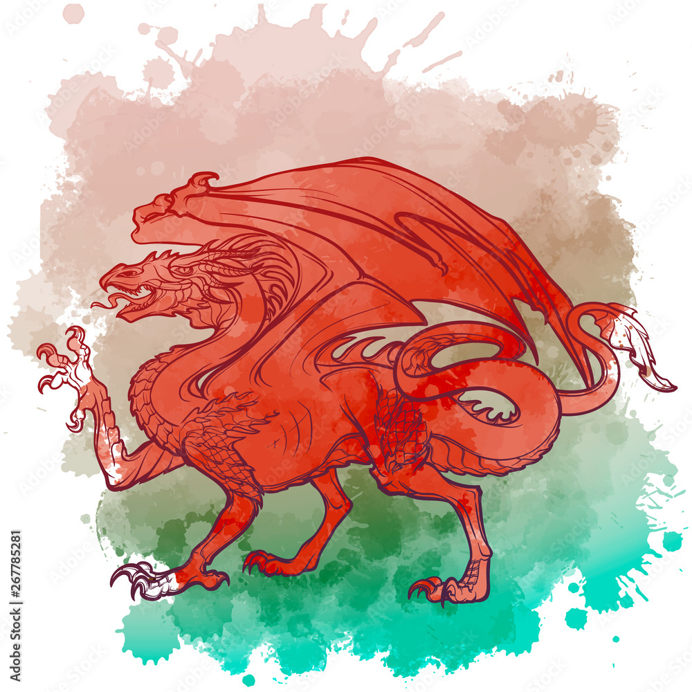 The Welsh Red Dragon on a grunge watercolor textured spot painted in a ...