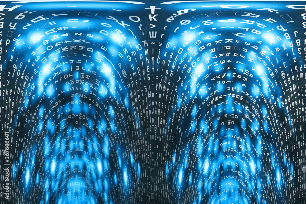 Blue matrix digital background. Distorted cyberspace concept. Characters fall down. Matrix from ...