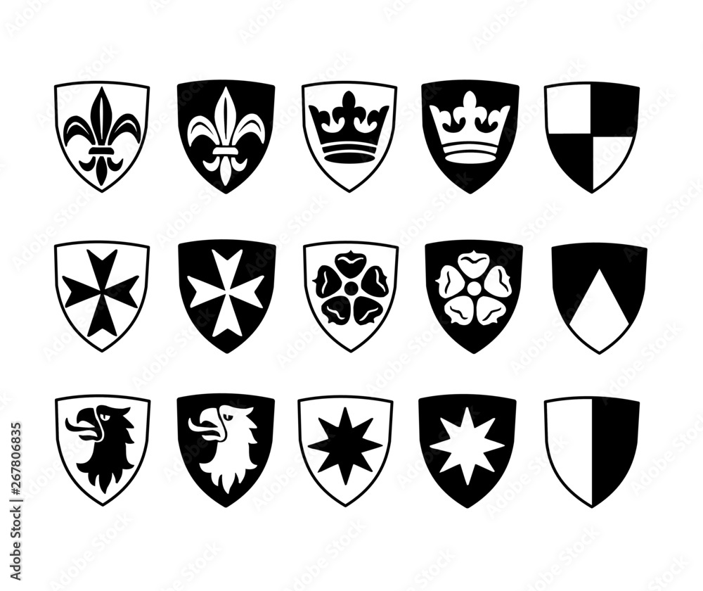emblems with heraldic symbols, rose, cross, lily, star, crown and eagle ...