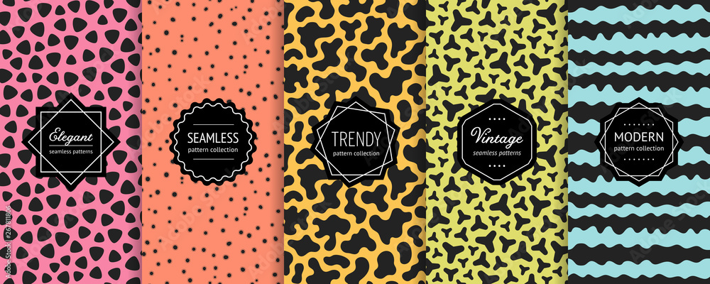 Vector geometric seamless pattern collection. Set of bright colorful ...