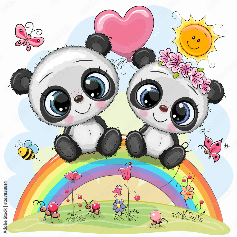 Cartoon Pandas are sitting on the rainbow Stock Vector | Adobe Stock