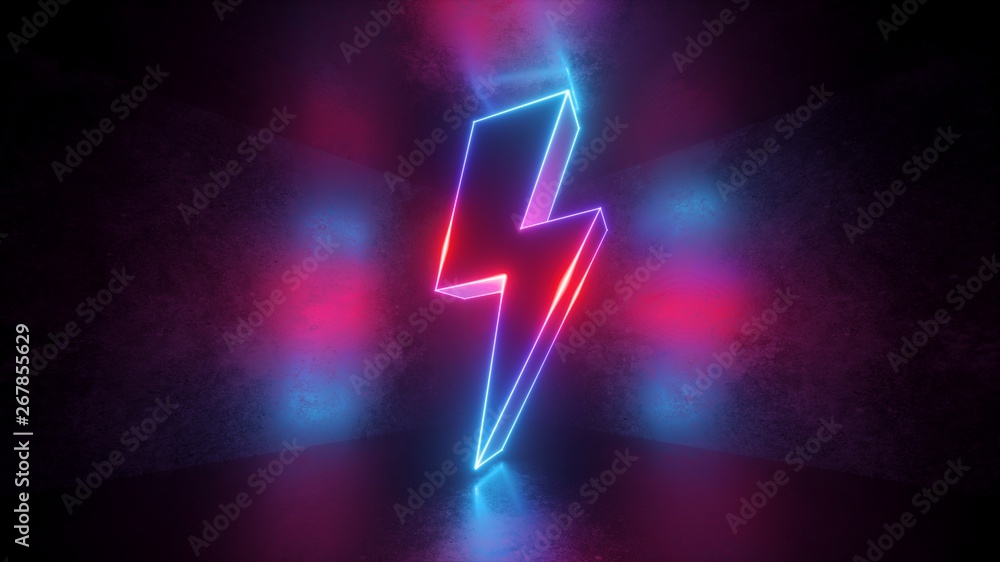 3d render, neon light abstract background, glowing thunderbolt ...