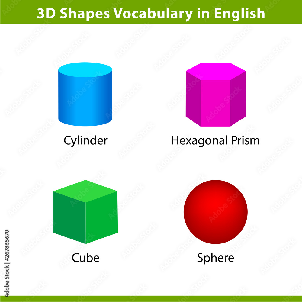 set 3D shapes vocabulary in english with their name clip art collection ...
