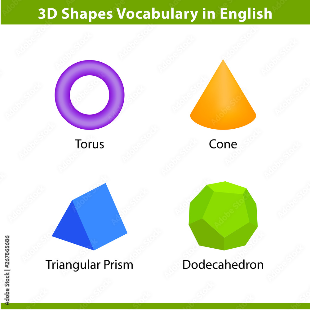 set 3D shapes vocabulary in english with their name clip art collection ...