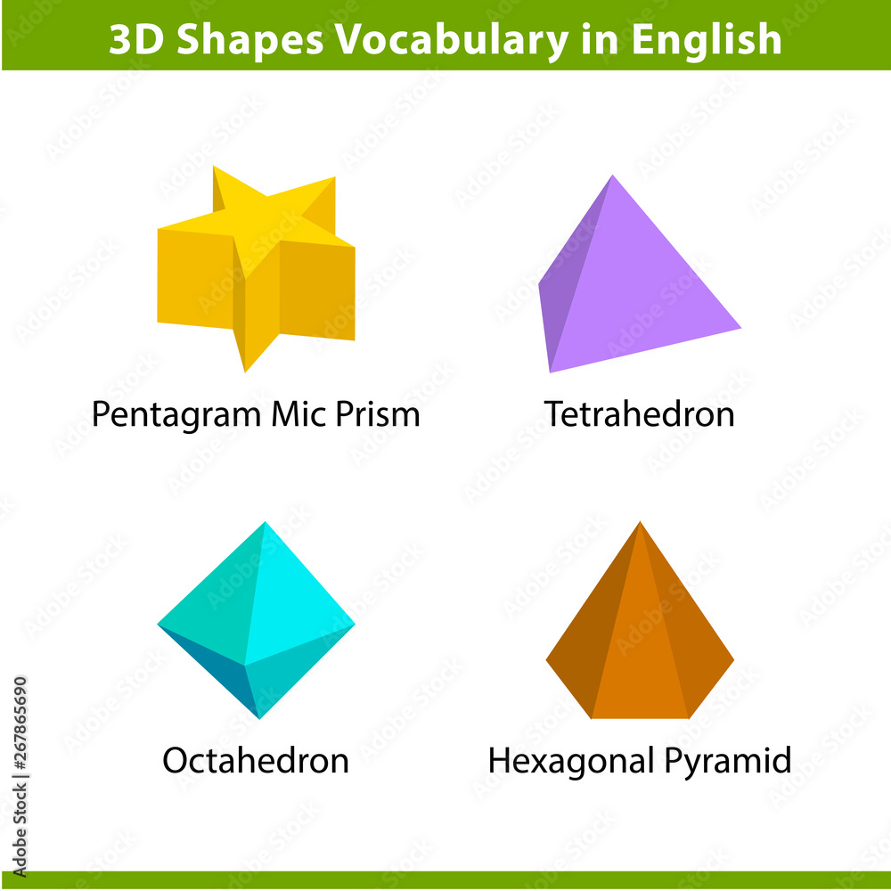 set 3D shapes vocabulary in english with their name clip art collection ...