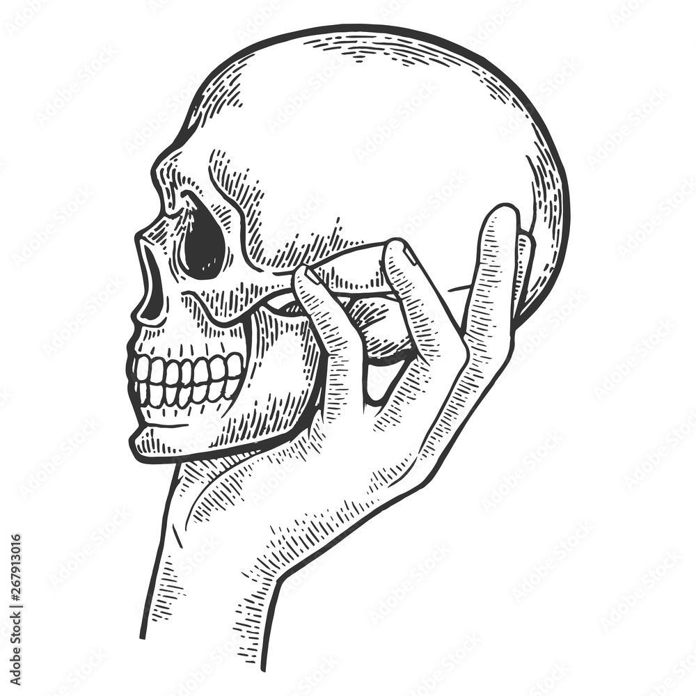 Human skull in hand sketch engraving vector illustration. Scratch board ...