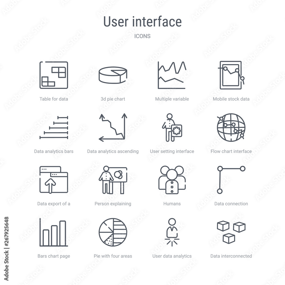set of 16 user interface concept vector line icons such as data interconnected, user data ...