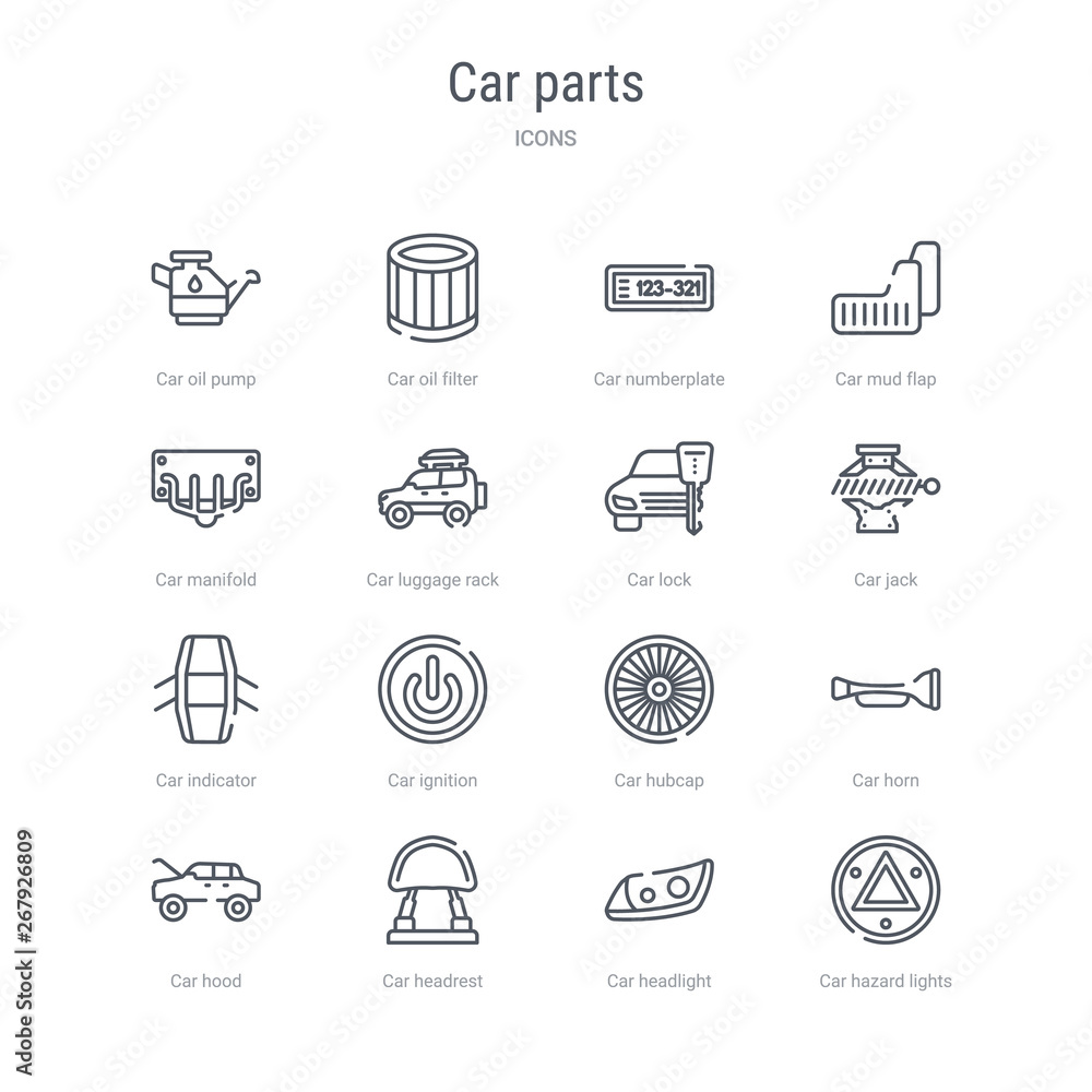 set of 16 car parts concept vector line icons such as car hazard lights ...