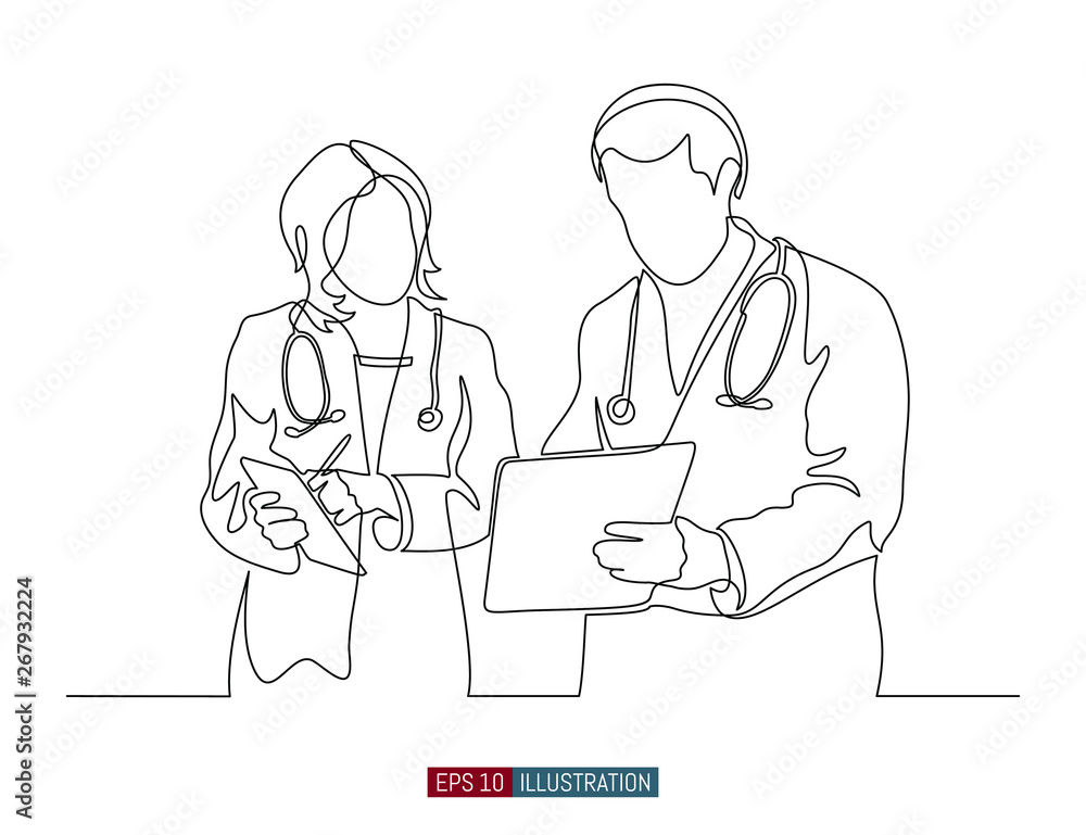 Continuous line drawing of two doctors dialog. Hospital scene. Template ...