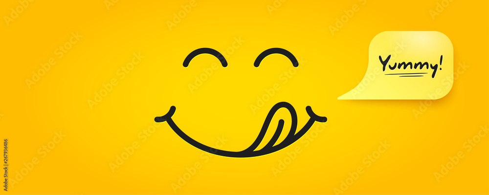 Yummy smile emoticon with tongue lick mouth. Tasty food eating emoji ...