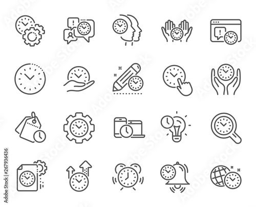 Time management line icons. Alarm clock, timer plan and project ...