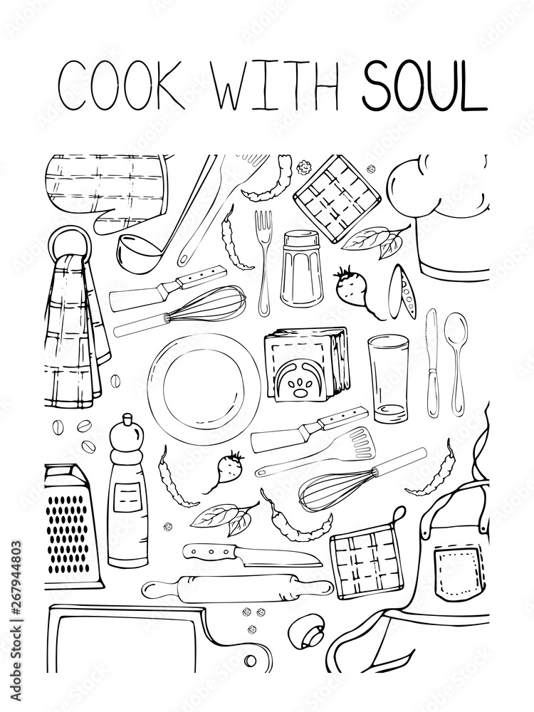 Hand drawn illustration with Kitchen Utensils. Actual vector drawing of ...