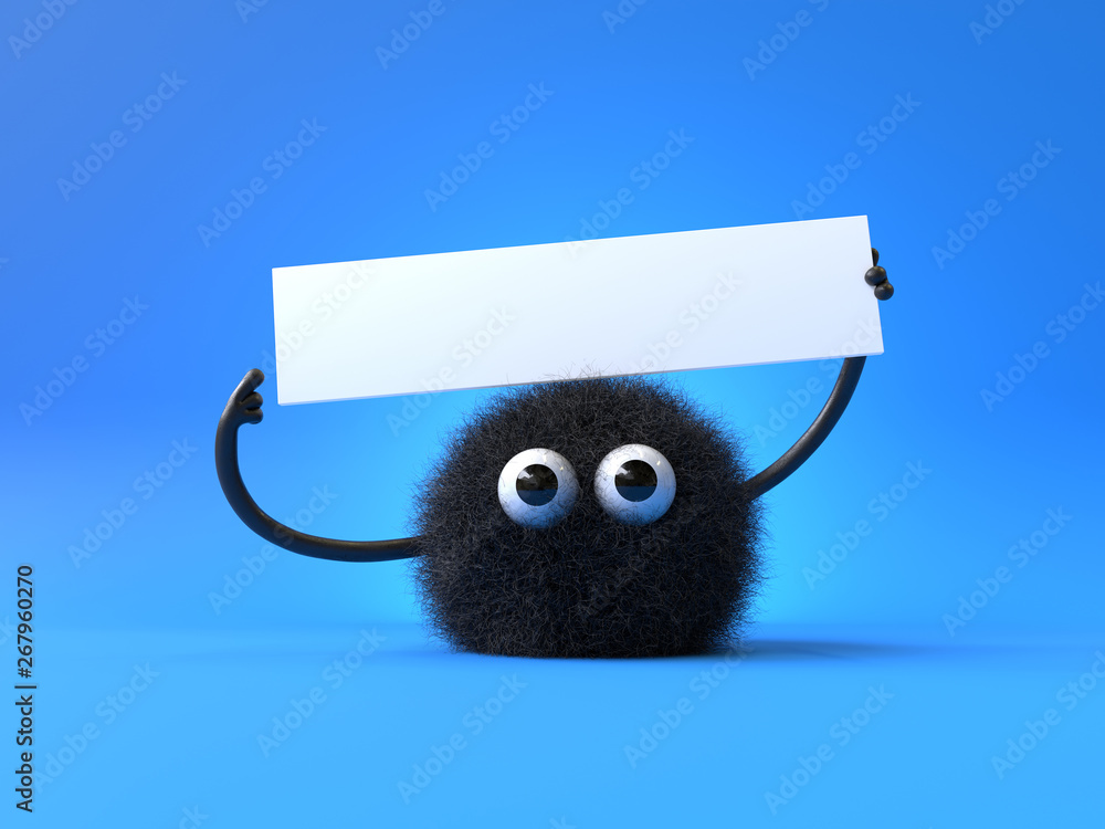 3d cute monster holding up a blank sign,colorful cartoon character ...