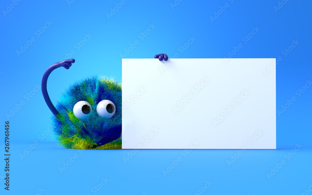 3d cute monster holding up a blank sign,colorful cartoon character ...