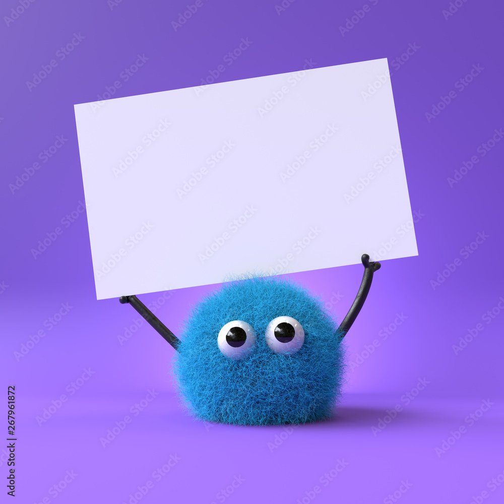 3d cute monster holding up a blank sign,colorful cartoon character ...