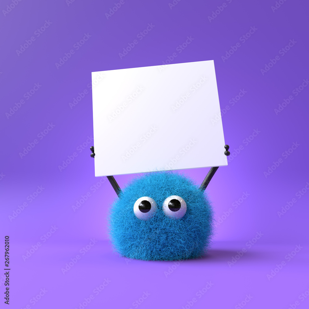 3d cute monster holding up a blank sign,colorful cartoon character ...