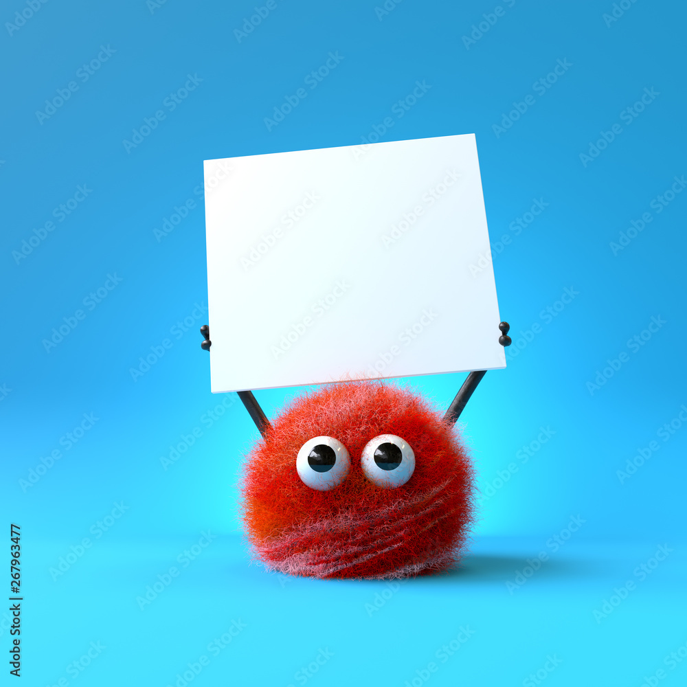 3d cute monster holding up a blank sign,colorful cartoon character ...