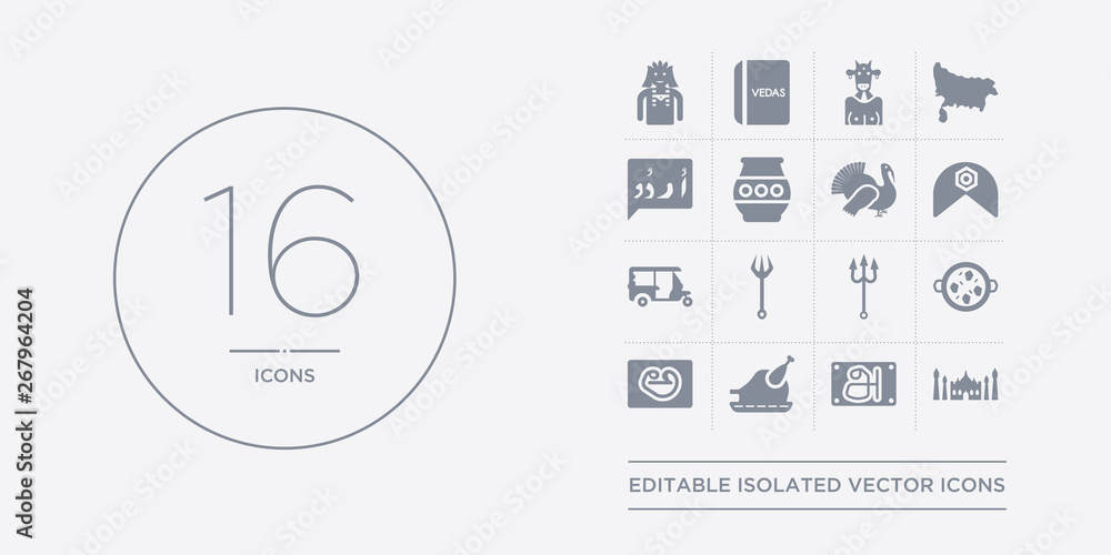Vetor 16 vector icons set such as taj mahal, tamil language, tandoori ...