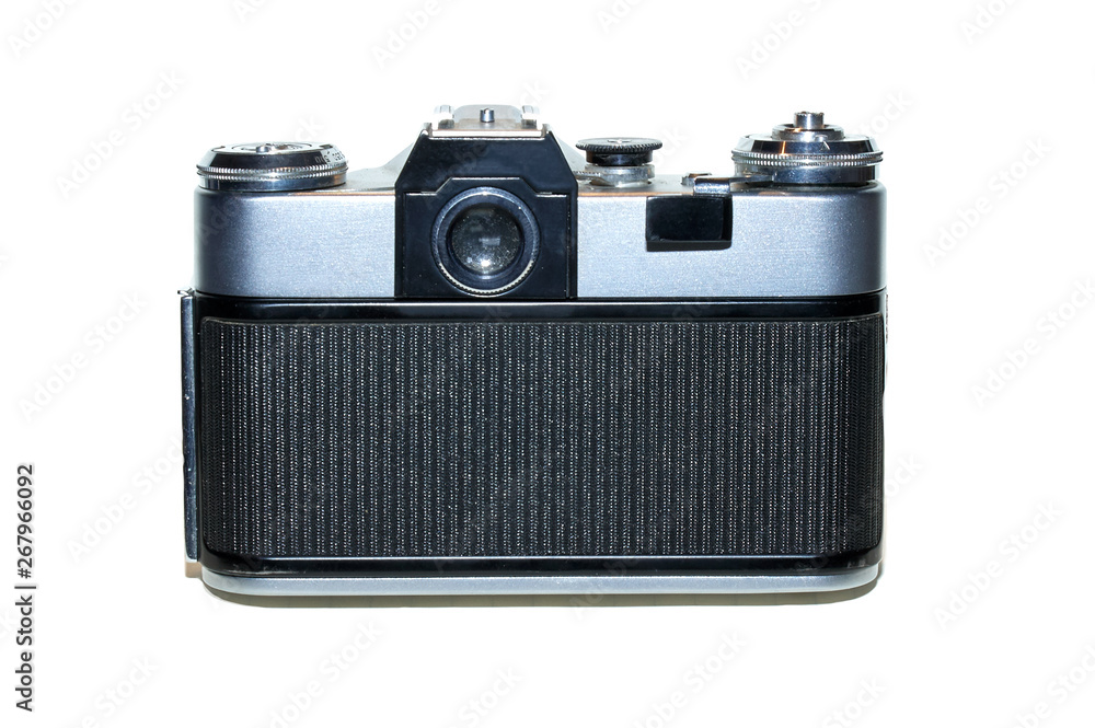 retro slr film photo camera, back side view on white background. analog ...