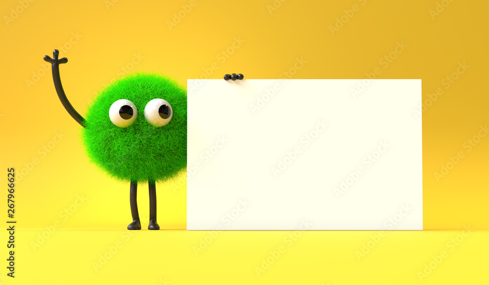 3d cute monster holding up a blank sign,colorful cartoon character ...