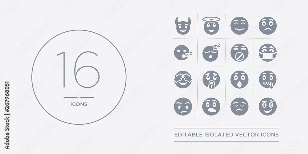 16 vector icons set such as rich emoji, sad emoji, sca emoji, sceptic ...