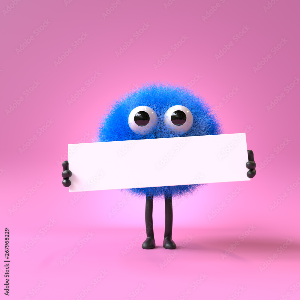 3d cute monster holding up a blank sign,colorful cartoon character ...