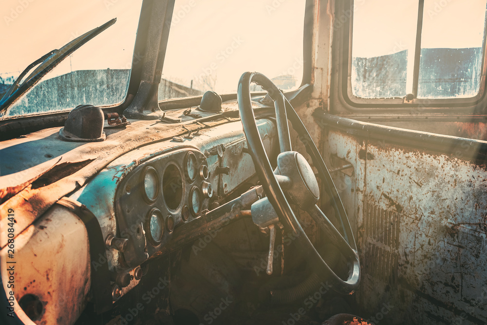 Vintage photography of used and rusty abandoned school bus with cluster ...