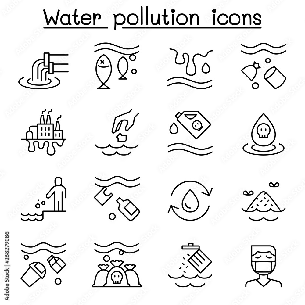 Water pollution, Ecology problem icon set in thin line style Stock ...