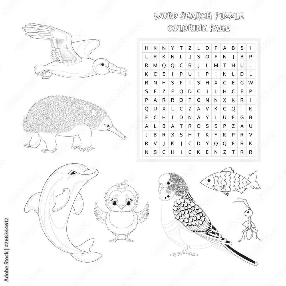 Word search puzzle coloring book page. Vector education game for ...